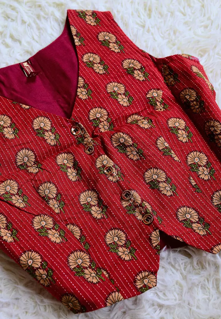 Blood-Red Pure-Cotton Waistcoat-Style Blouse – Yeshan Sarees