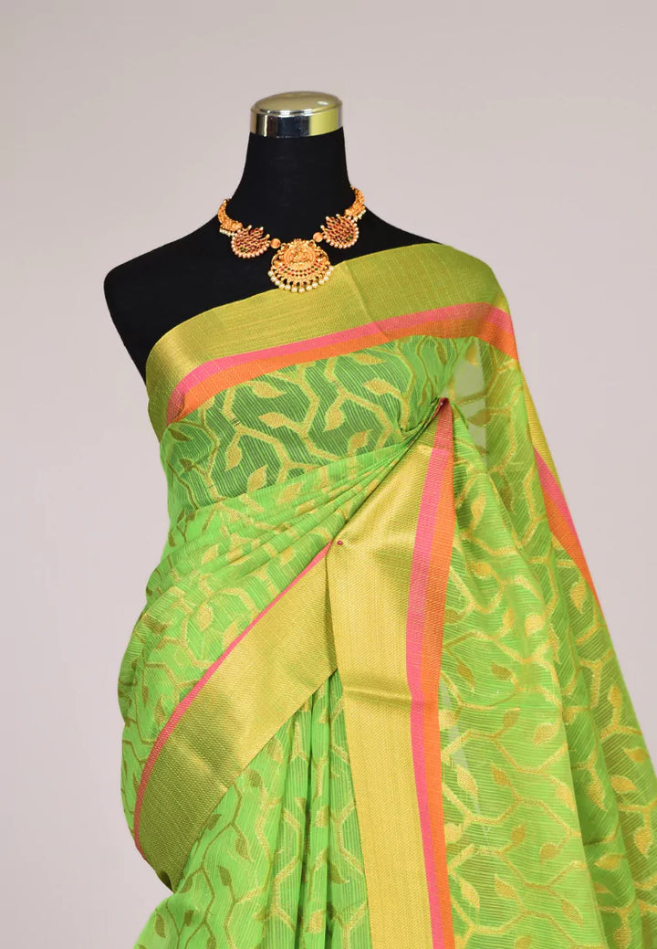 Parrot Green Silk Cotton Jangla Floral Body Banarasi Saree – Yeshan Sarees