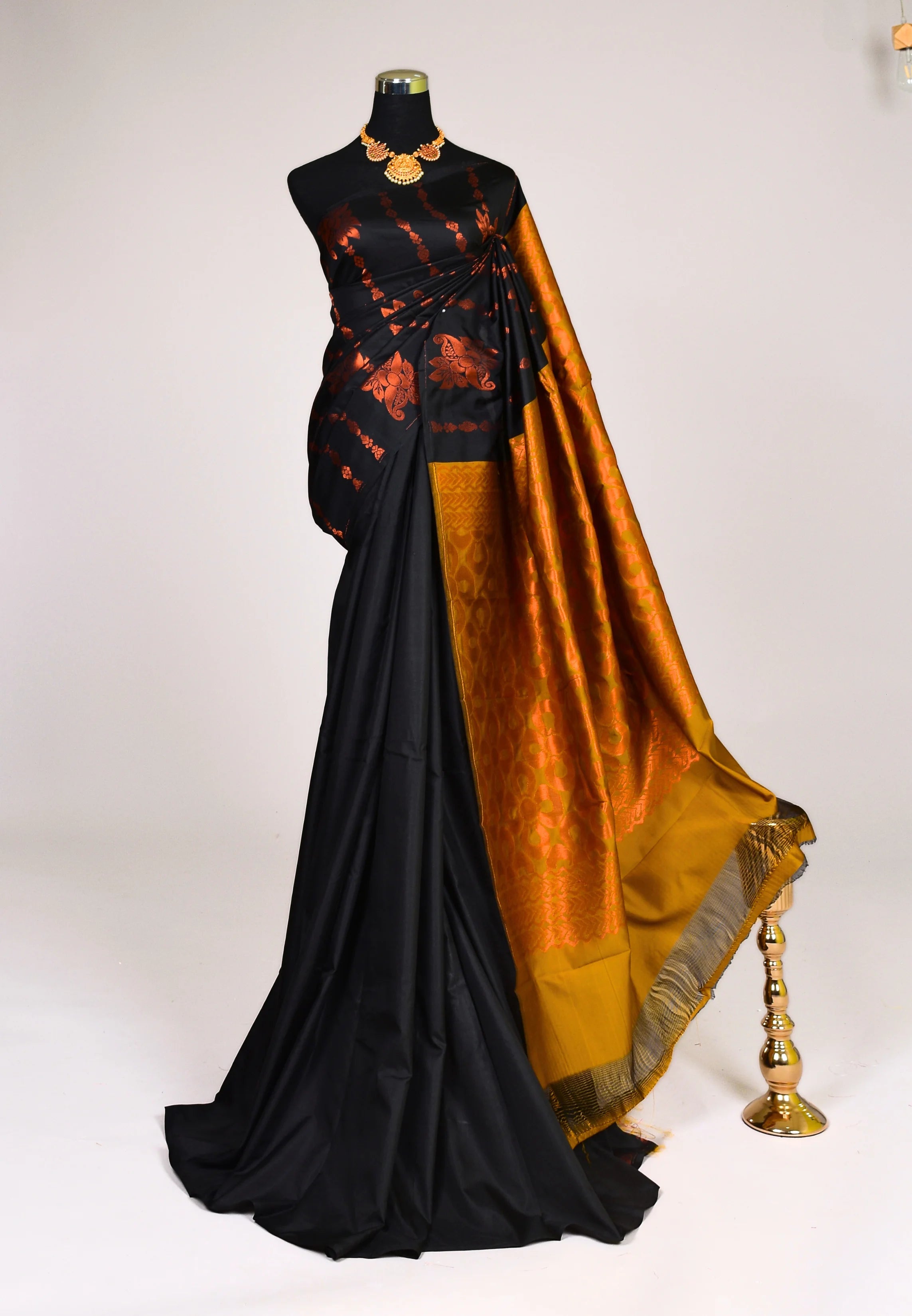 Black Mustard Soft Silk Borderless Butta South Saree – Yeshan Sarees