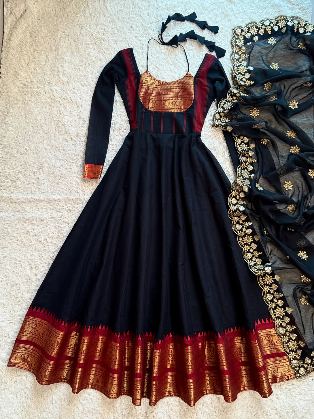 Black-Red Handloom Pure-Cotton Designer-Anarkali – Yeshan Sarees