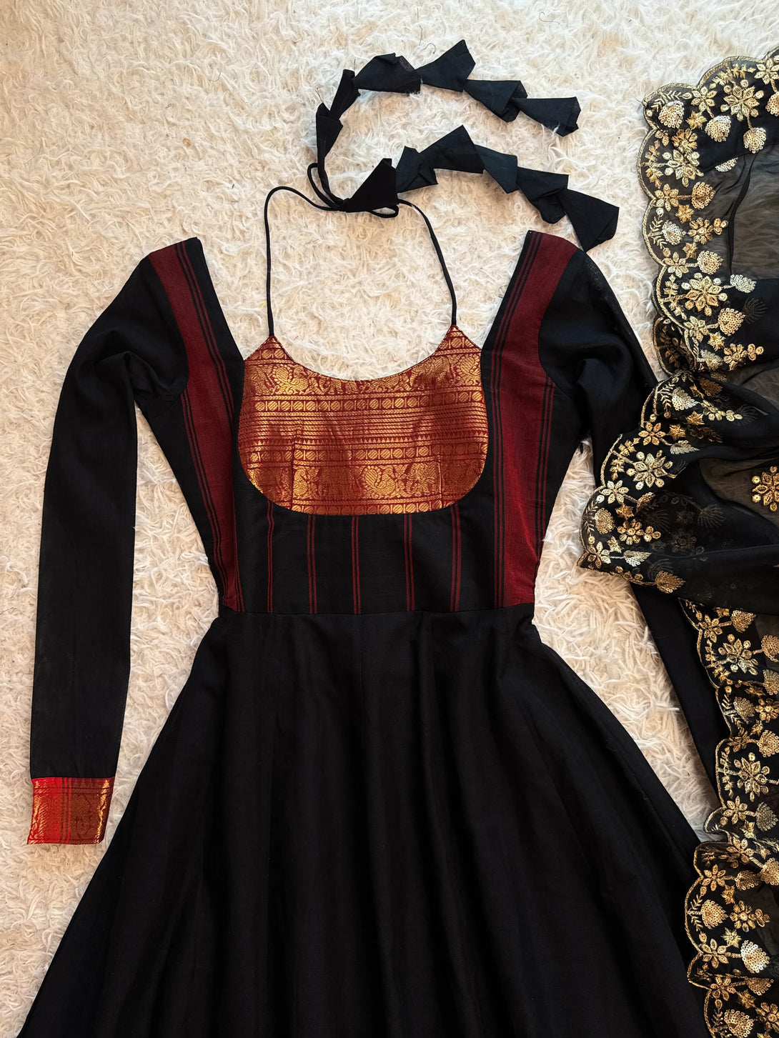 Black-Red Handloom Pure-Cotton Designer-Anarkali – Yeshan Sarees