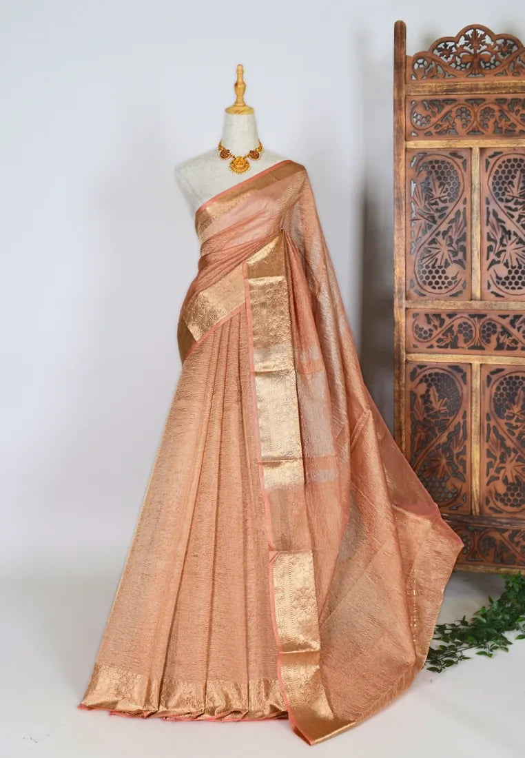 Pastel-Peach Plain Crushed Silk Tissue Woven Border Banarasi Saree ...