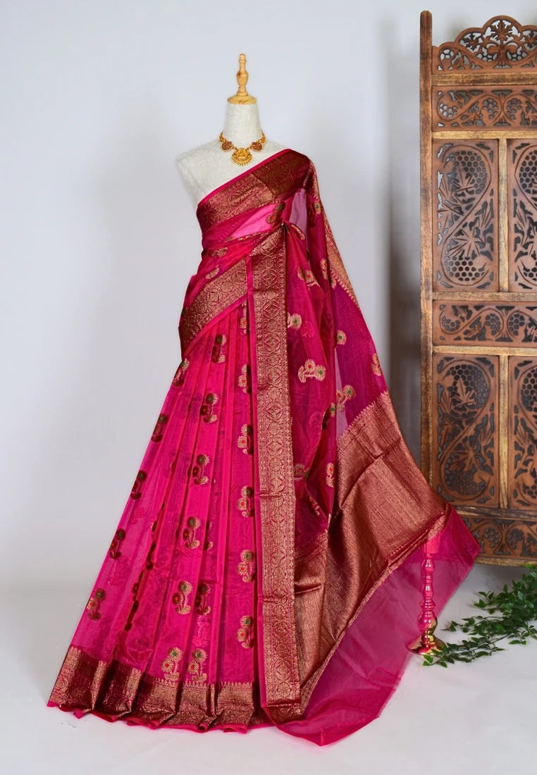 Rani-Pink Silk-Cotton Floral-Meenakari-Butta Banarasi-Saree – Yeshan Sarees