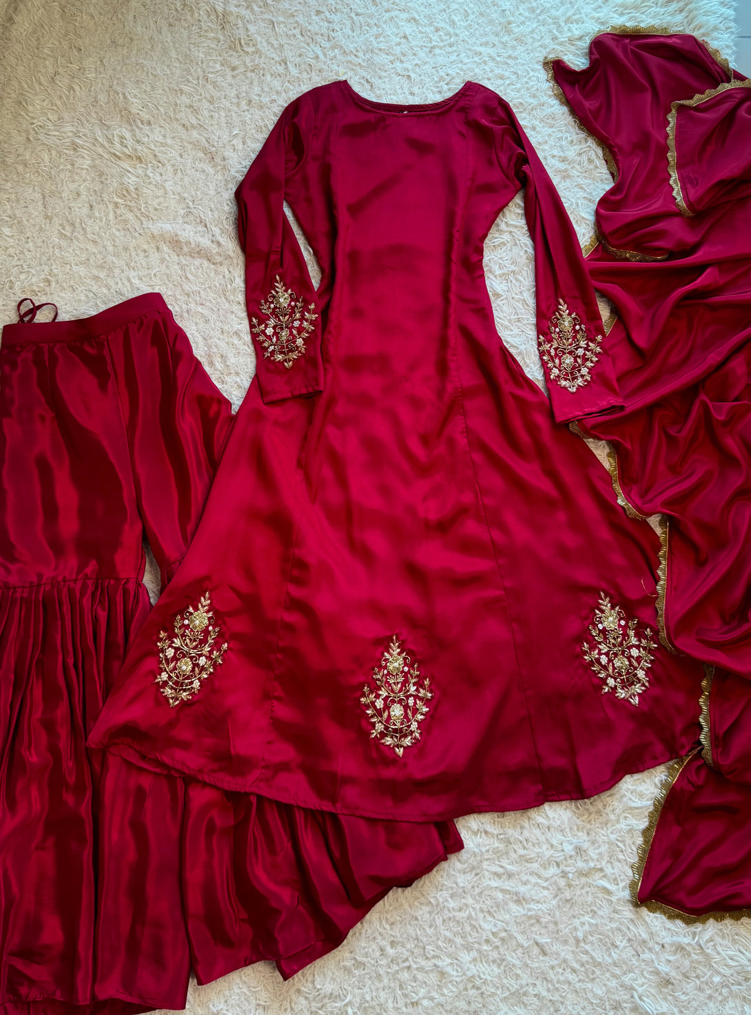 Wine-Red Crepe-Silk Designer Zardosi-Butta-Handwork Gharara-Anarkali-S ...