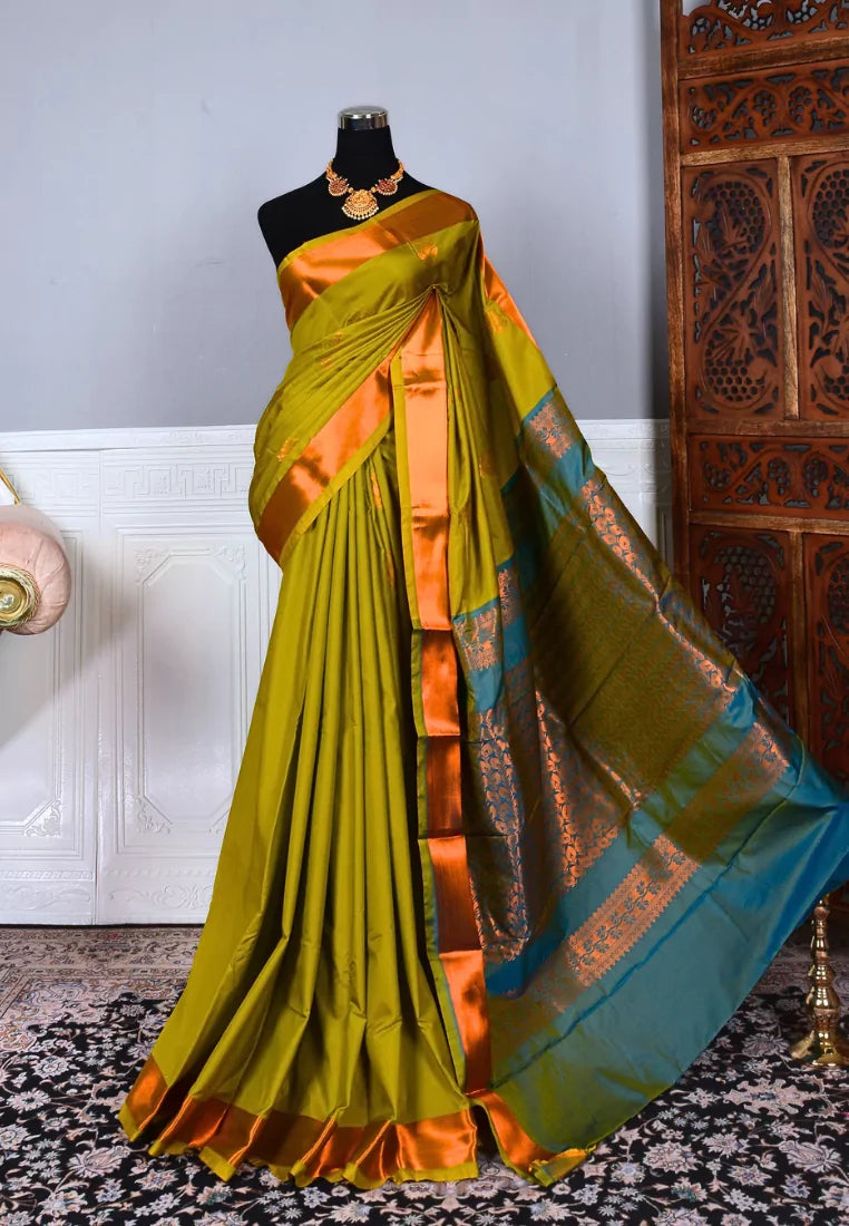 Apple-Green Gold Patta Border Soft Silk South Saree – Yeshan Sarees