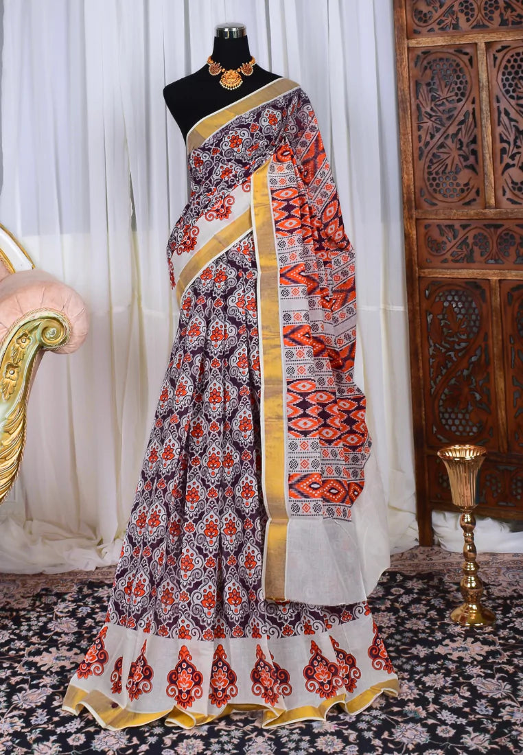 Brown Cotton Patta Border Handblock South Saree – Yeshan Sarees