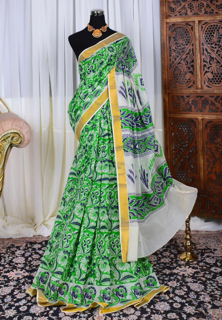 Green Cotton Patta Border Handblock South Saree – Yeshan Sarees