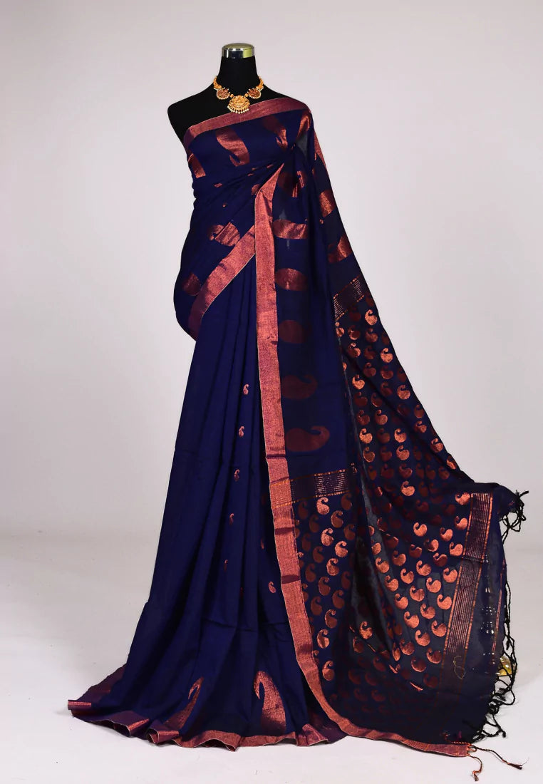 Navy Blue Copper Zari Handloom Mercerised Pure Cotton Almond Border Be ...
