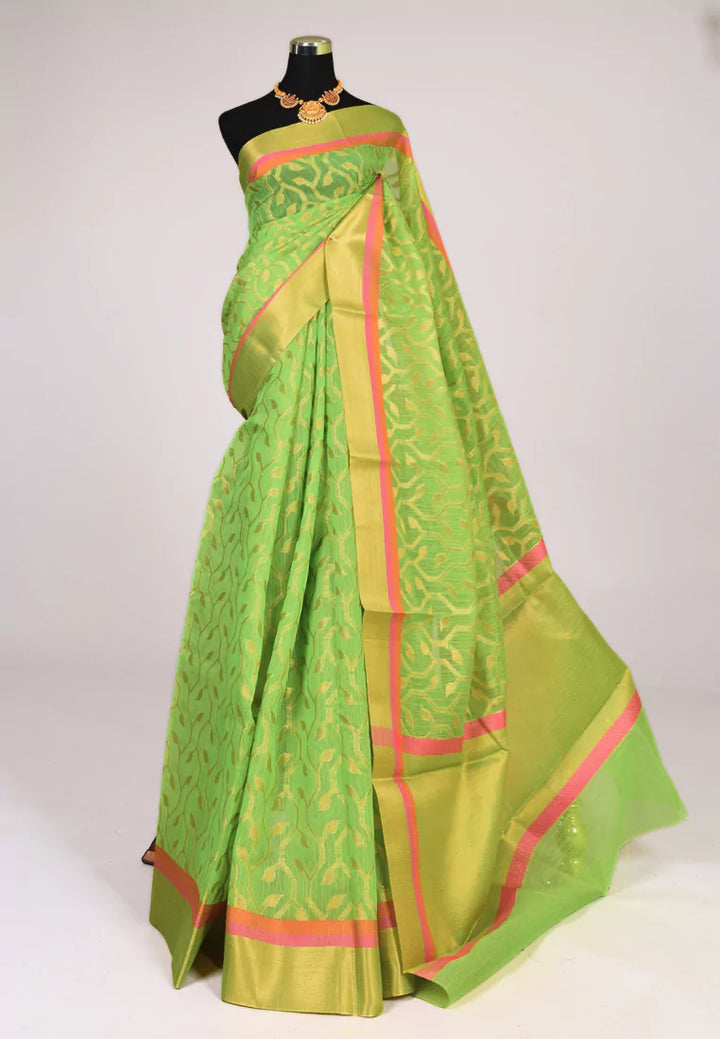 Parrot Green Silk Cotton Jangla Floral Body Banarasi Saree – Yeshan Sarees