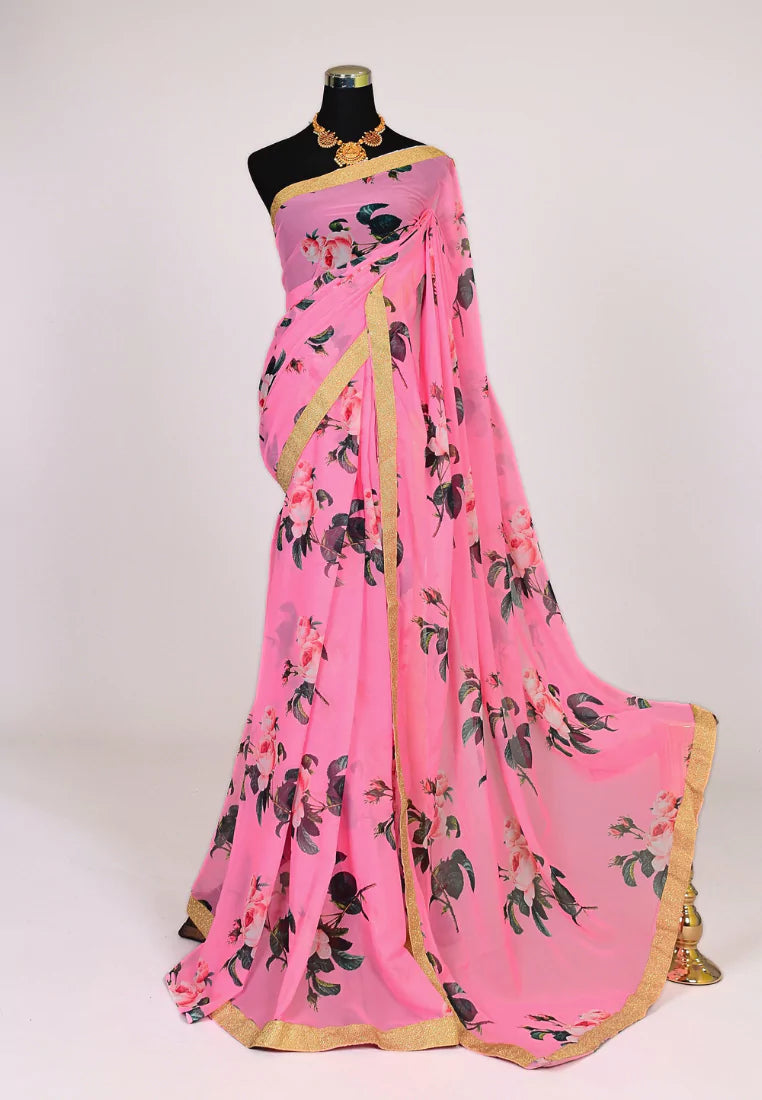 Rose-Pink Weightless Chiffon Floral Body Patta Border North Saree ...