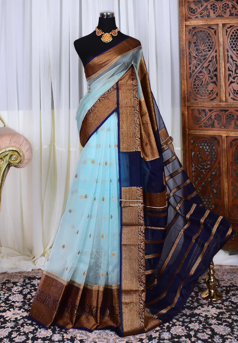 Sky-Blue Navy-Blue Kora Soft Organza Copper Zari Banarasi Saree ...
