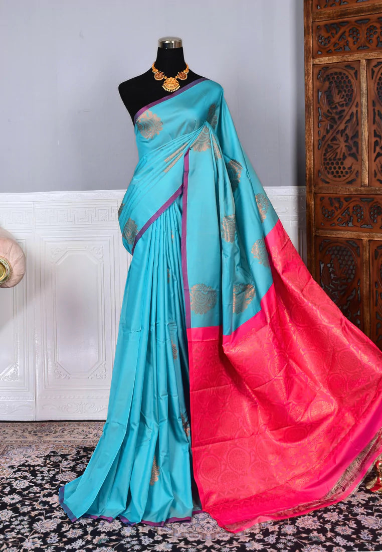 Sky-Blue Pink Soft Silk Borderless Saree South Saree – Yeshan Sarees