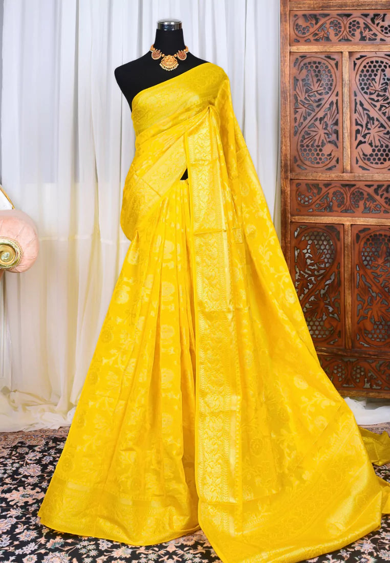 Sun-Yellow Semi Georgette Jangles Full Body Zari Banarasi Saree ...