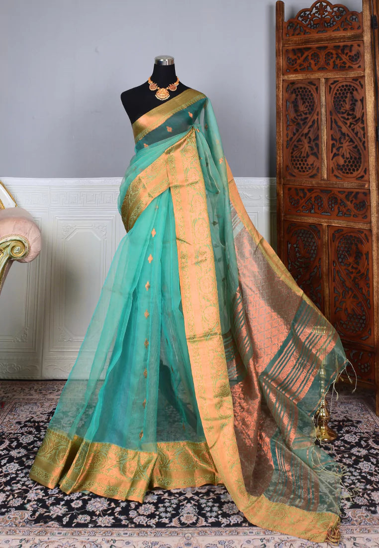 Turquoise Gold Handwoven Muslin Zari Traditional Border Bengal Saree ...