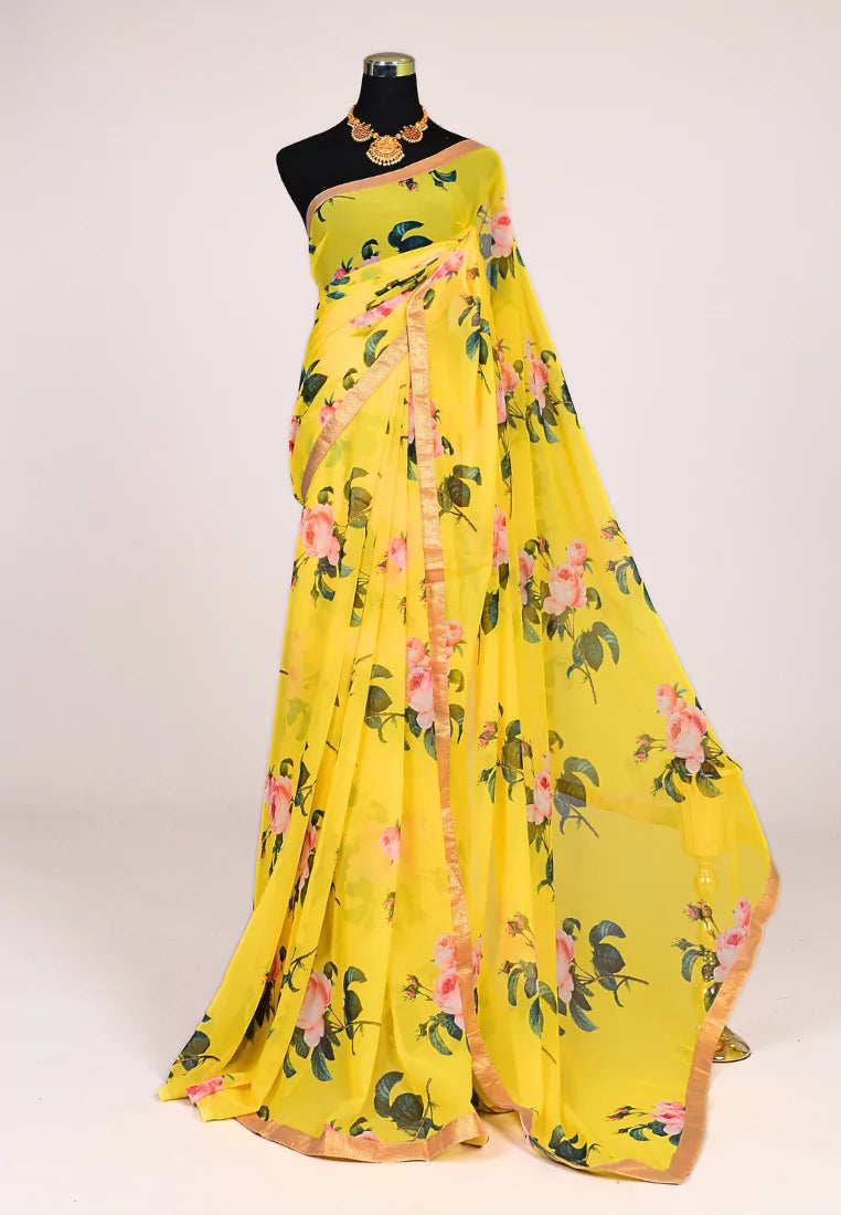 Yellow Weightless Chiffon Floral Patta Border North Saree – Yeshan Sarees