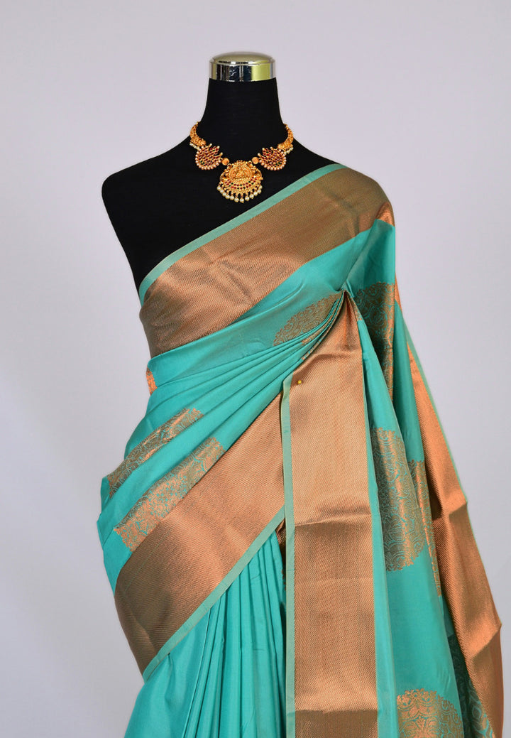 Turquoise Rich Soft Silk Mandala Woven South Saree – Yeshan Sarees