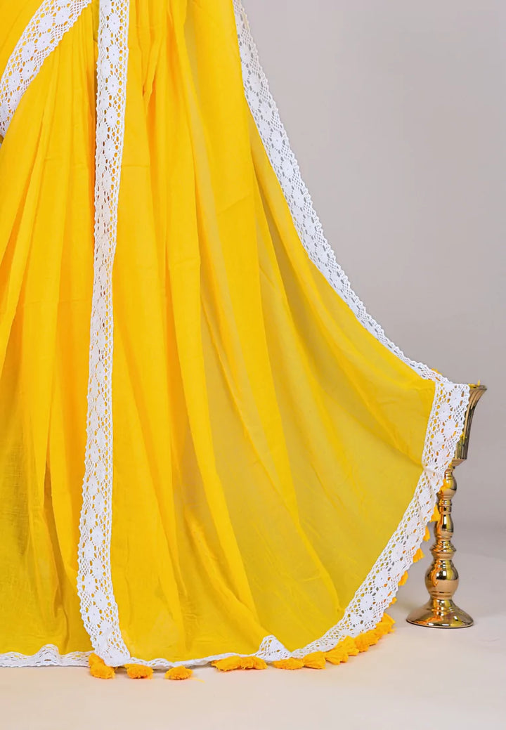 Yellow White Handspun Pure Cotton Crocheted Border Bengal Saree ...