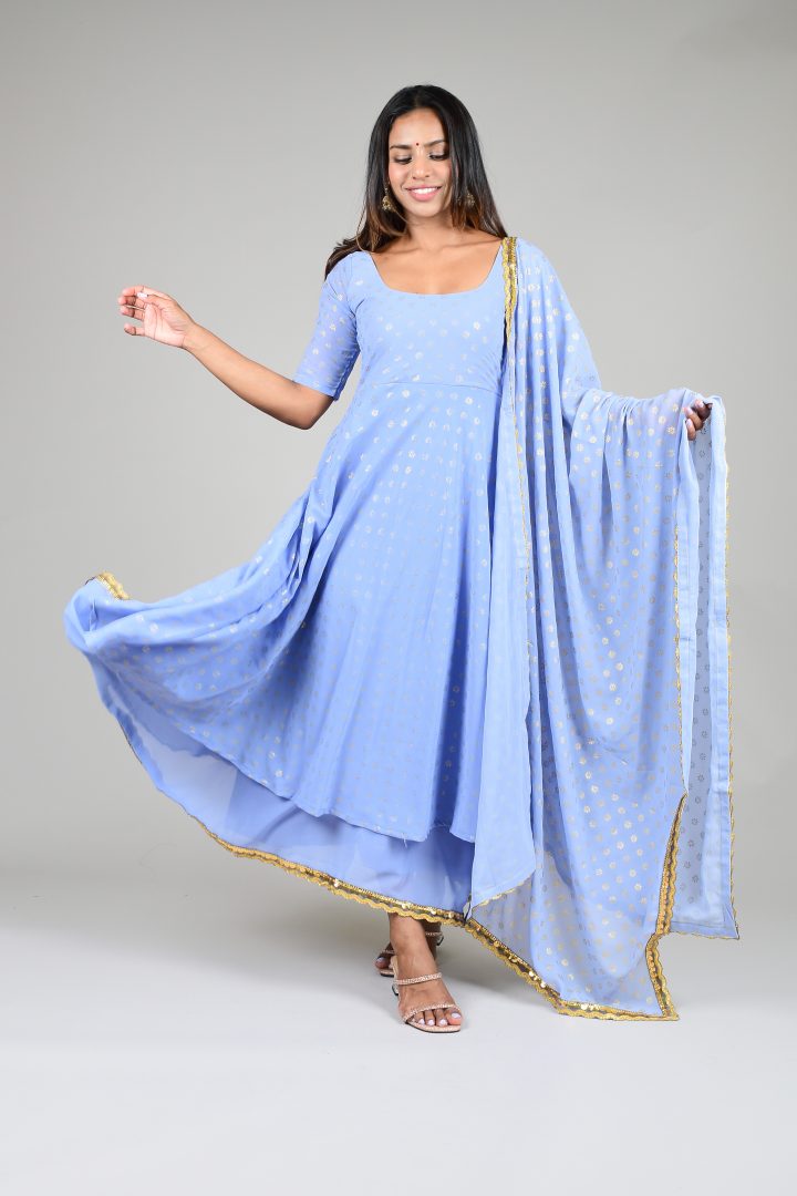 Pastel Blue Foil Print Anarkali Kurti with Dupatta – Yeshan Sarees