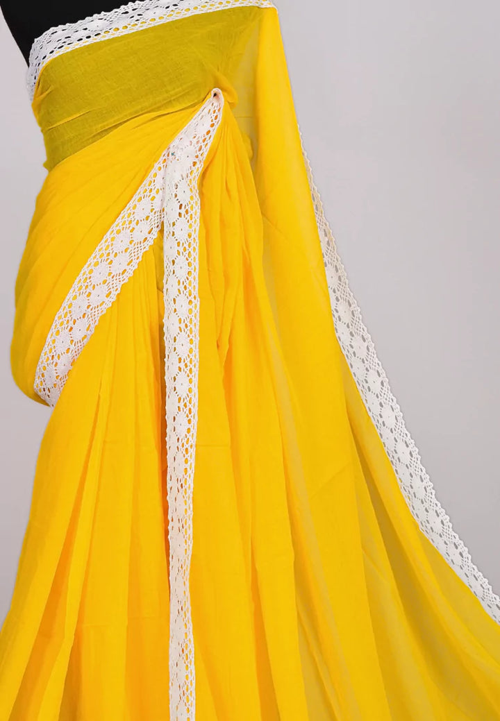 Yellow White Handspun Pure Cotton Crocheted Border Bengal Saree ...