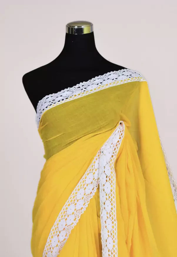 Yellow White Handspun Pure Cotton Crocheted Border Bengal Saree ...