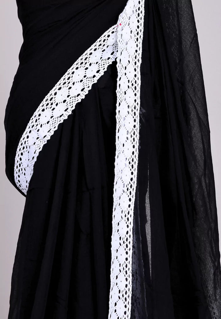 Black White Handspun Pure Cotton Crocheted Border Bengal Saree – Yeshan ...