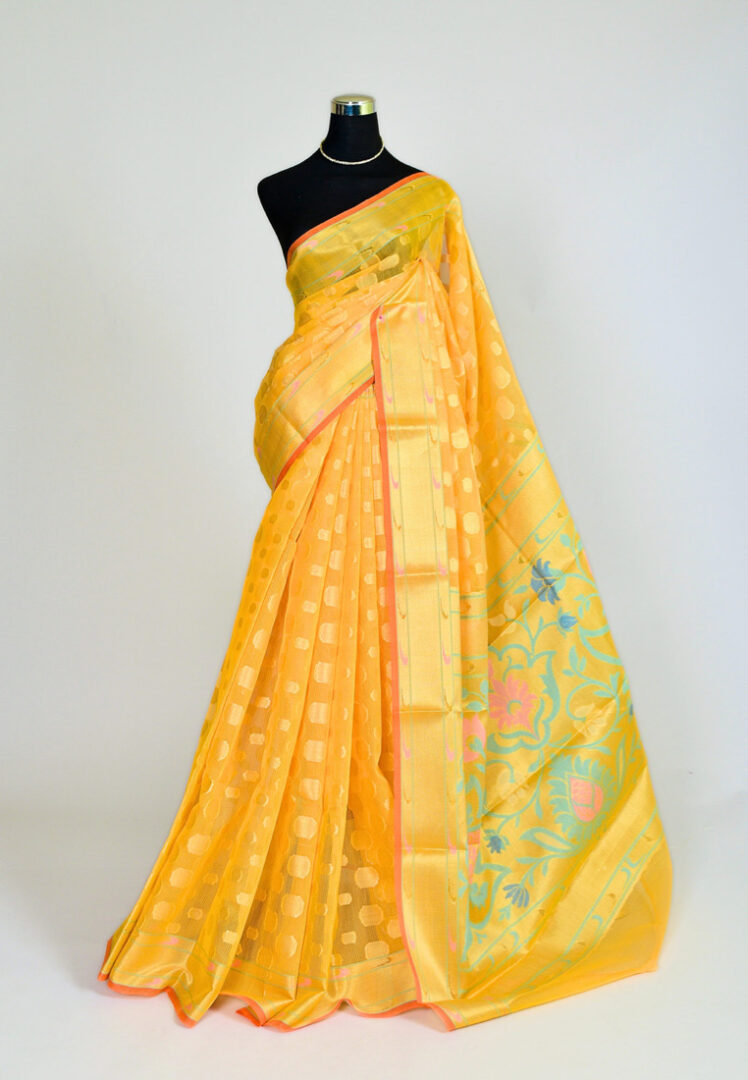 Pastel-Yellow Round Butta Cotton Banarasi Saree – Yeshan Sarees