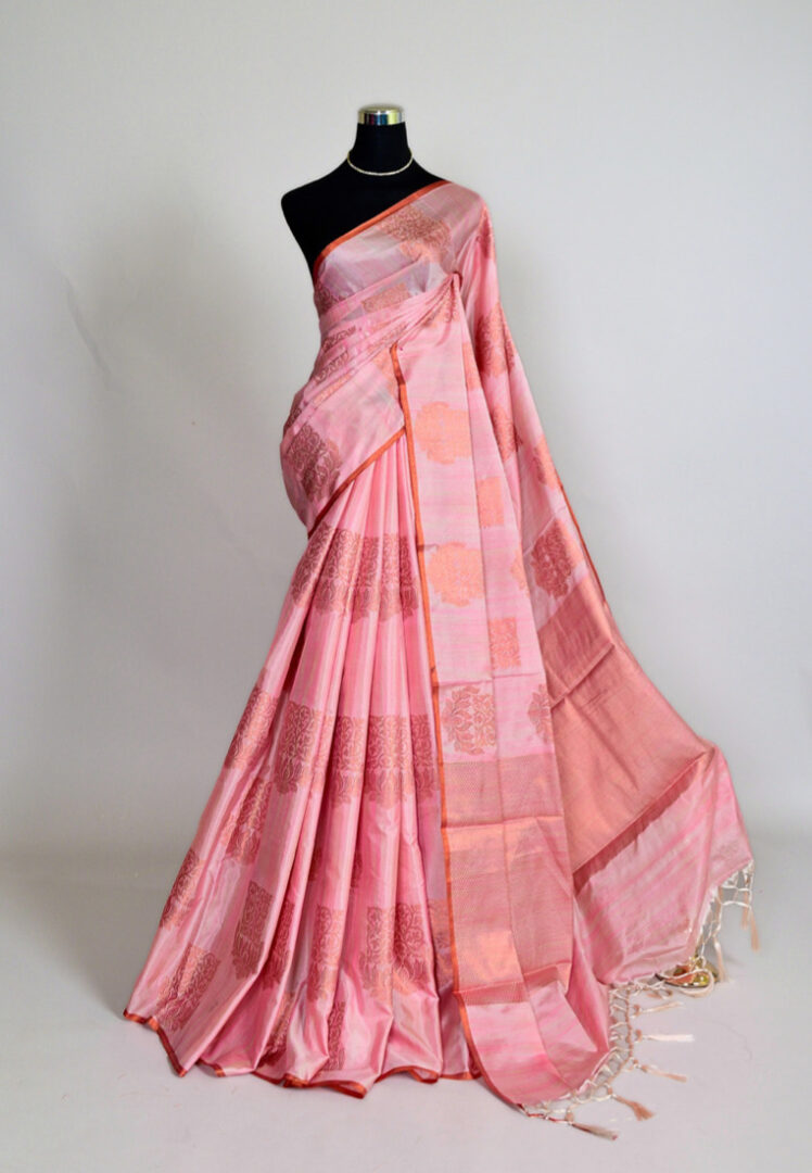 Peachy-Pink Square Motif Soft Silk Banarasi Saree – Yeshan Sarees