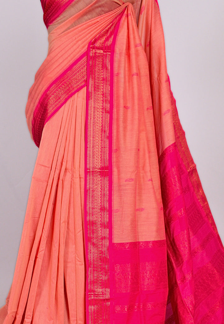Peach Pink Silk Cotton Butti Body Gadwal South Saree. – Yeshan Sarees