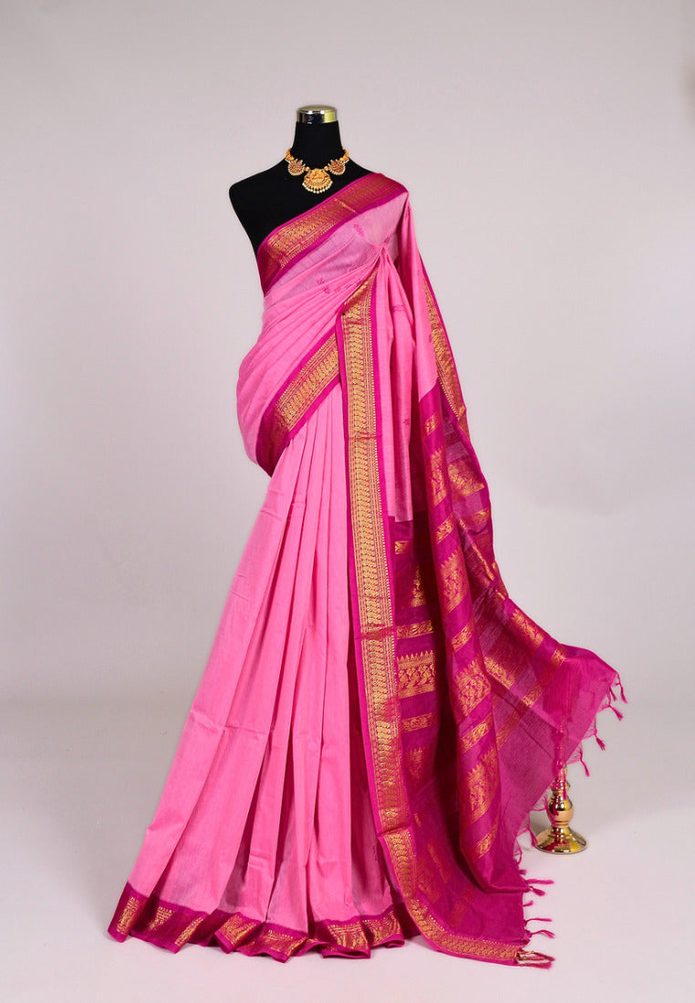 Baby-Pink Silk Cotton Zari Butti Gadwal South Saree. – Yeshan Sarees