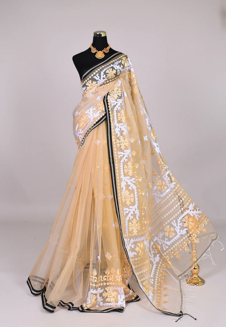 Beige White Handwoven-Muslin Heavy Embroidery Bengal Saree – Yeshan Sarees