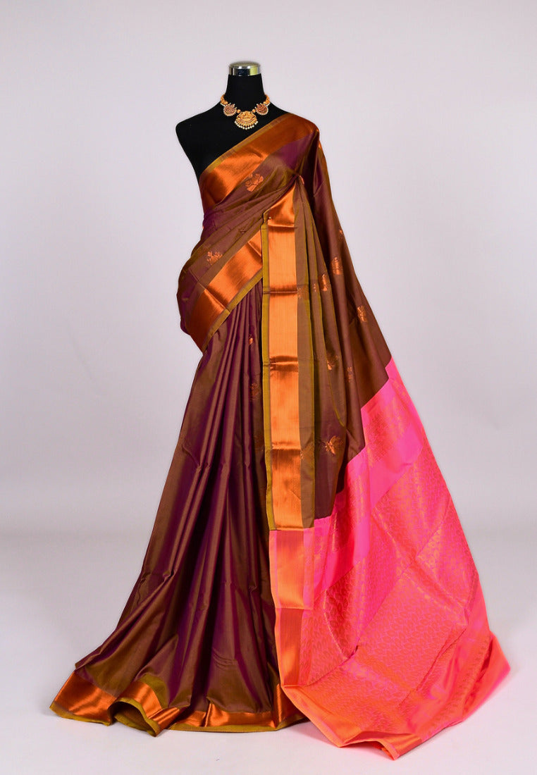 Copper Pink Soft Silk Patta Border South Saree – Yeshan Sarees