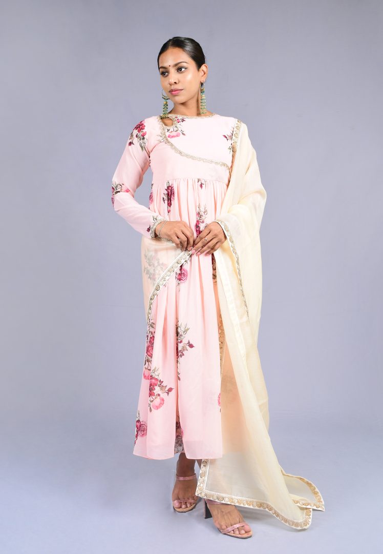 Pastel-Peach Floral Print Georgette Anarkali Kurti With Organza Dupatt ...