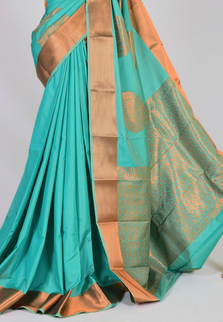 Turquoise Rich Soft Silk Mandala Woven South Saree – Yeshan Sarees
