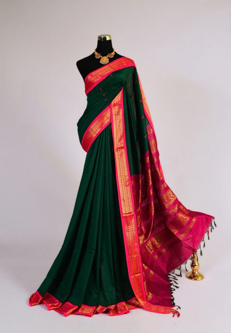Green-Pink Silk Cotton Gadwal South Saree – Yeshan Sarees