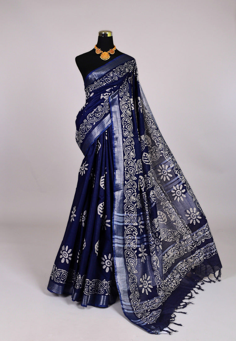 Indigo Blue Block Print Linen Cotton Bengal Saree – Yeshan Sarees