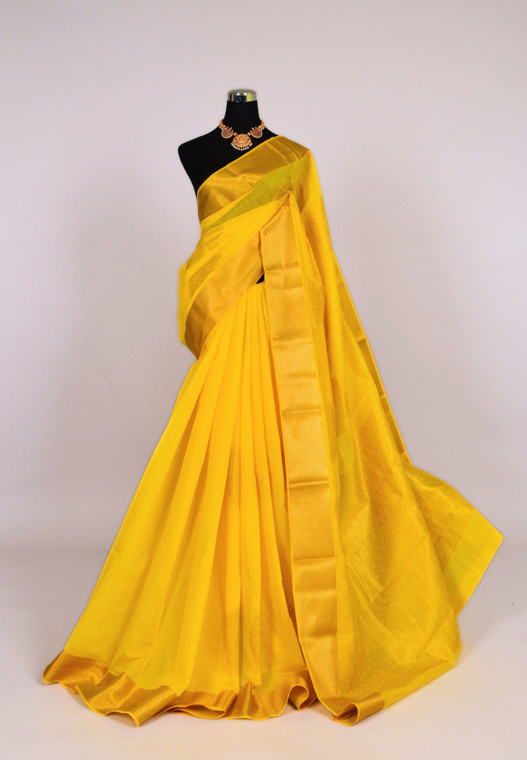 Lemon-Yellow Silk Cotton Mandala Woven South Saree – Yeshan Sarees