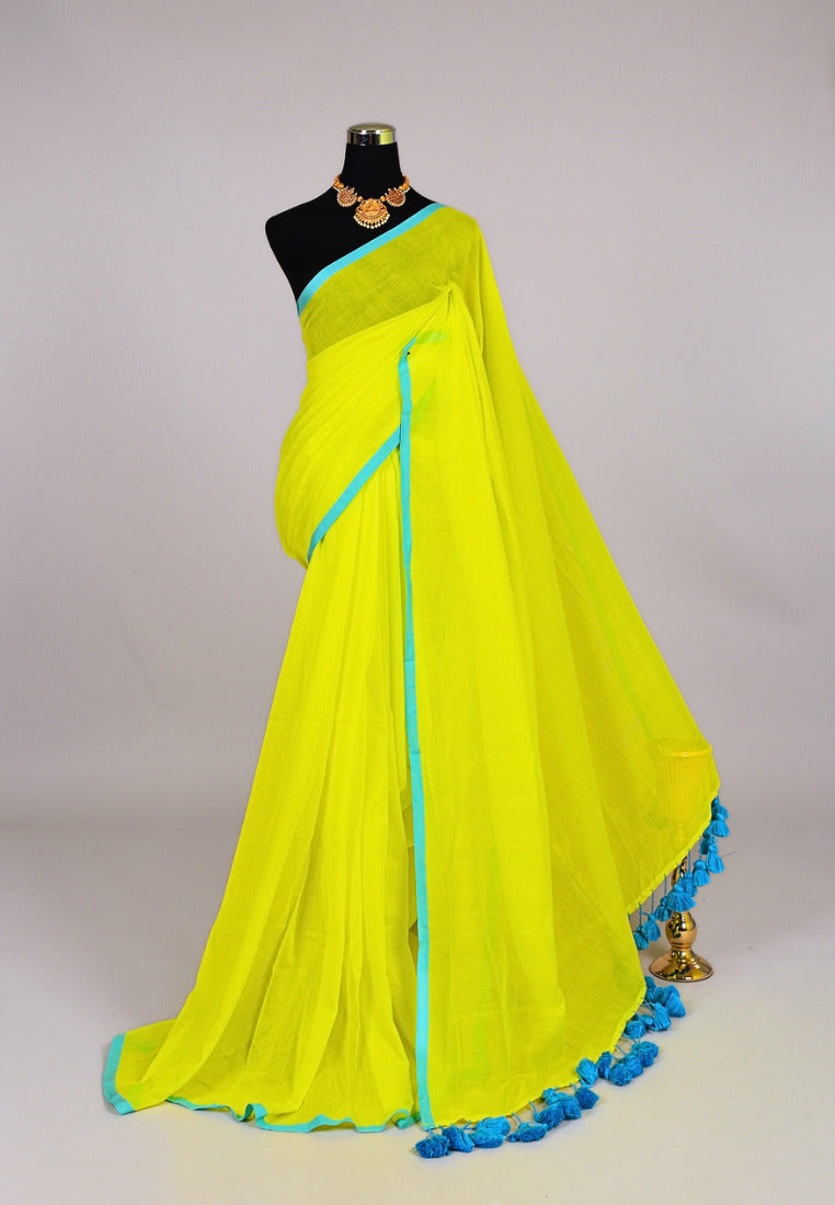 Lime-Yellow Handspun Pure Cotton Plain Bengal Saree – Yeshan Sarees