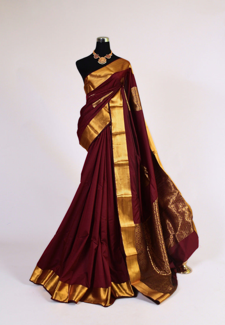 Maroon-Gold Mandala Woven Rich Soft Silk South Saree – Yeshan Sarees