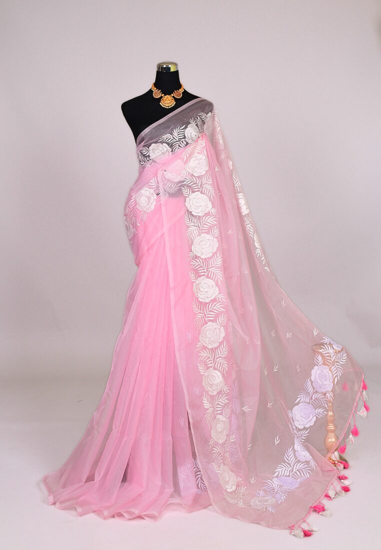 Pastel-Pink Silk-Organza Rose-Embroidery Border Bengal Saree – Yeshan ...