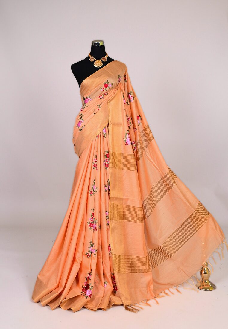 Peach Kota-Silk Floral Embroidery Patta Border Bengal Saree – Yeshan Sarees