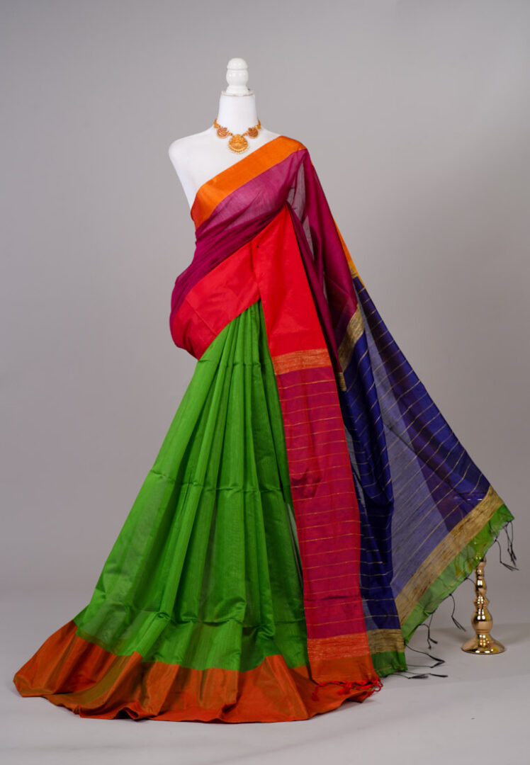 Pink-Green Silk-Cotton Ghicha Handloom Bengal Saree – Yeshan Sarees