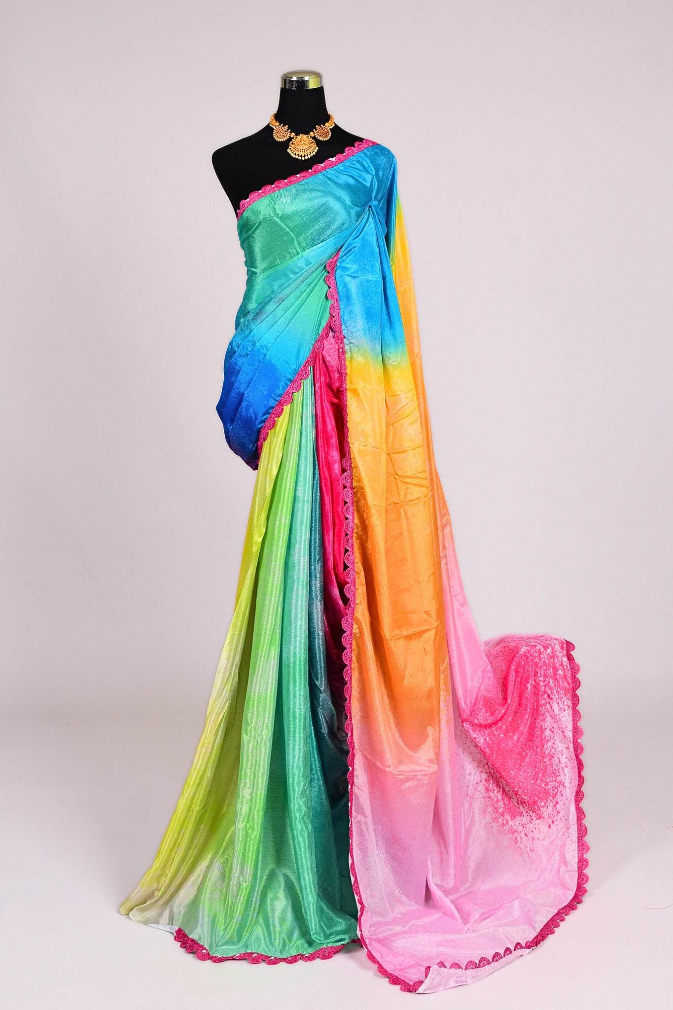 Rainbow-Multicolour Full Satin Crochet Border North Saree – Yeshan Sarees