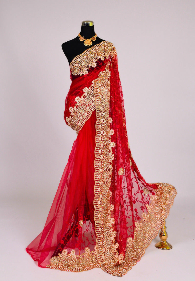 Red Soft Net Stonework Embroidery North Saree – Yeshan Sarees