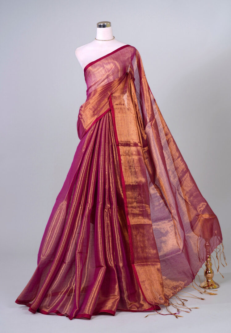 Rose-Gold Plain Tissue-Cotton Handloom Bengal Saree – Yeshan Sarees