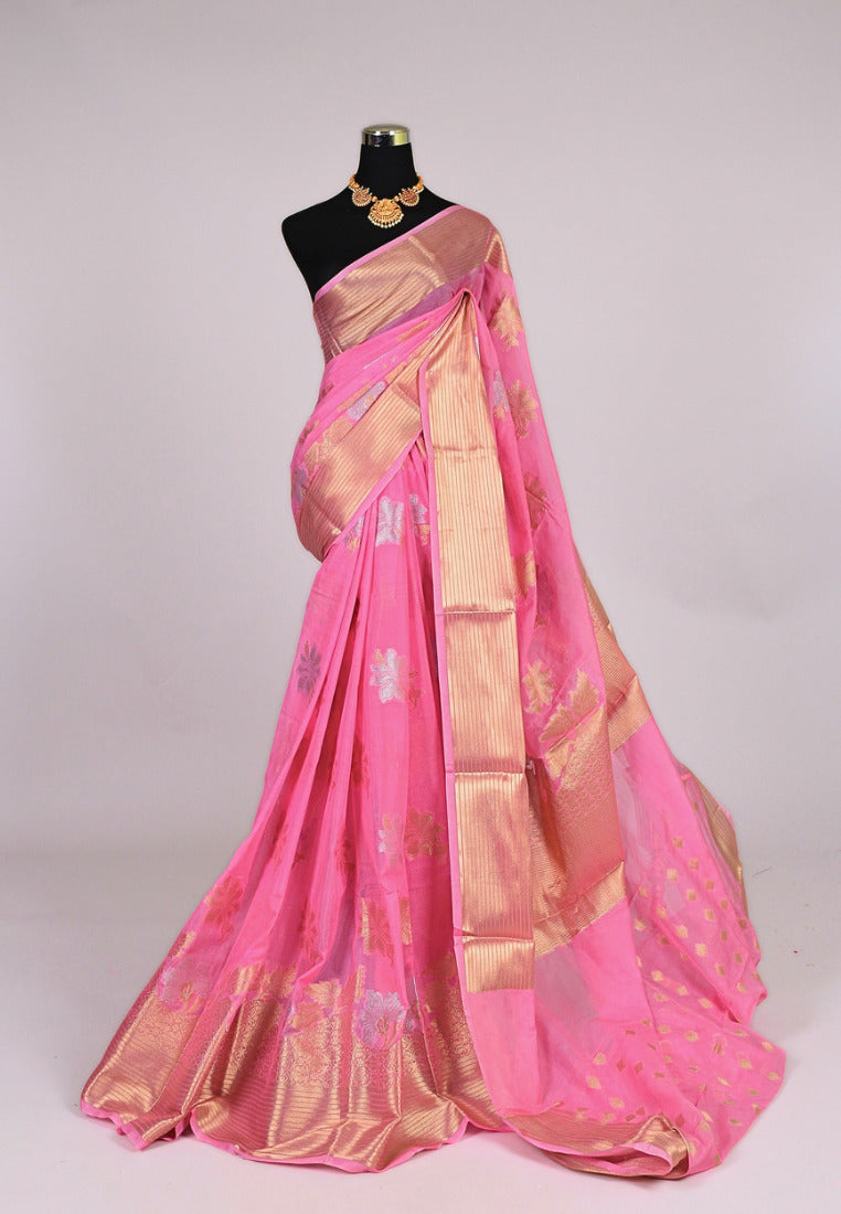 Rose Pink Premium Semi Georgette Double Zari Grand Pallu Banarasi Sare ...