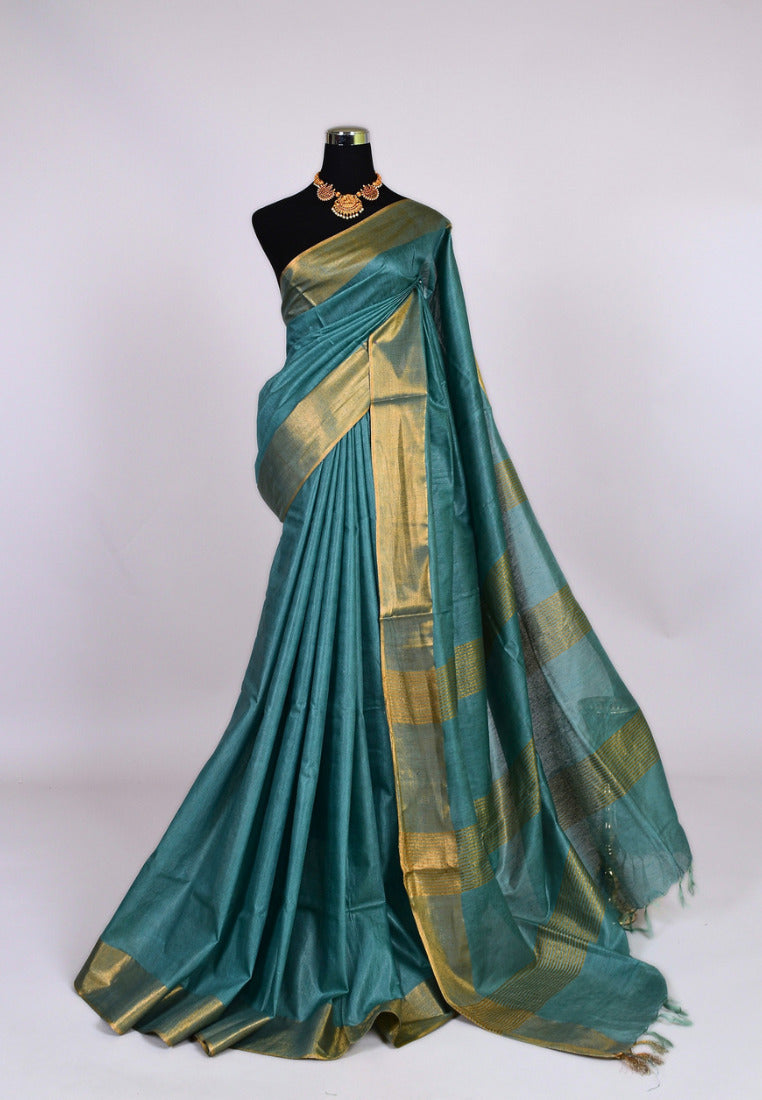 Turquoise Gold Kota Silk Plain Body Bengal Saree. – Yeshan Sarees