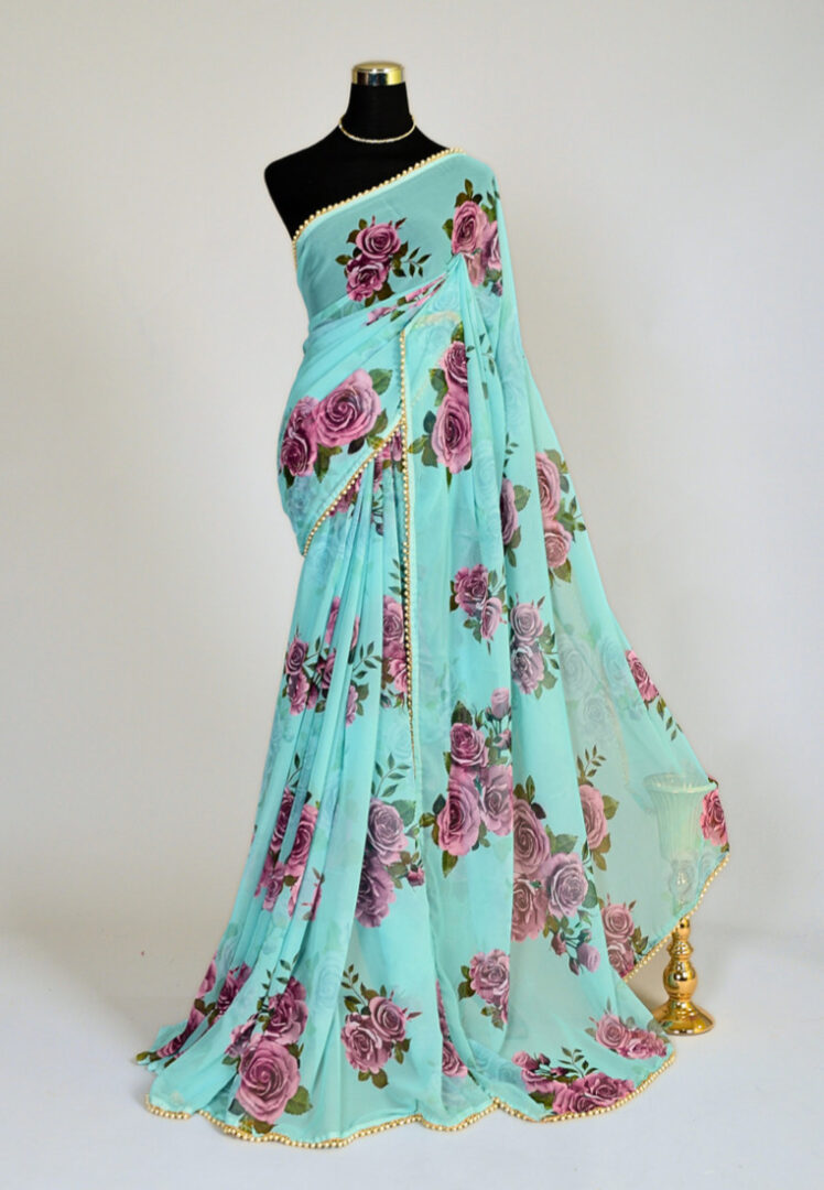 Turquoise Floral Georgette Pearl North Saree – Yeshan Sarees