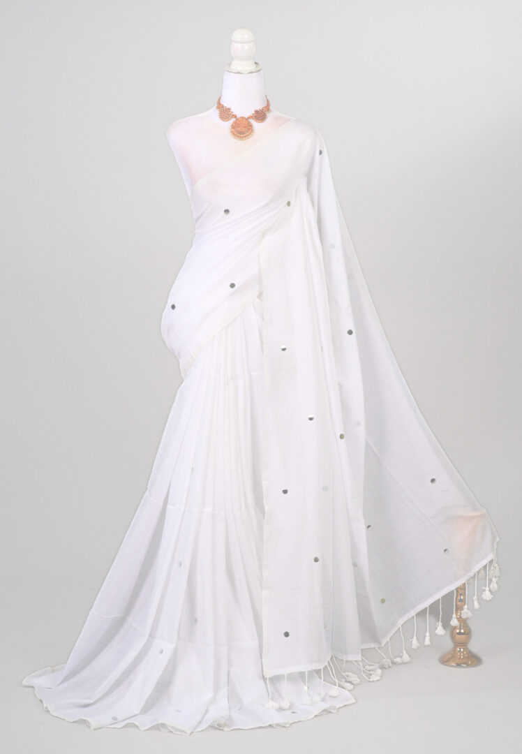 White Handloom Cotton Sequin Bengal Saree – Yeshan Sarees