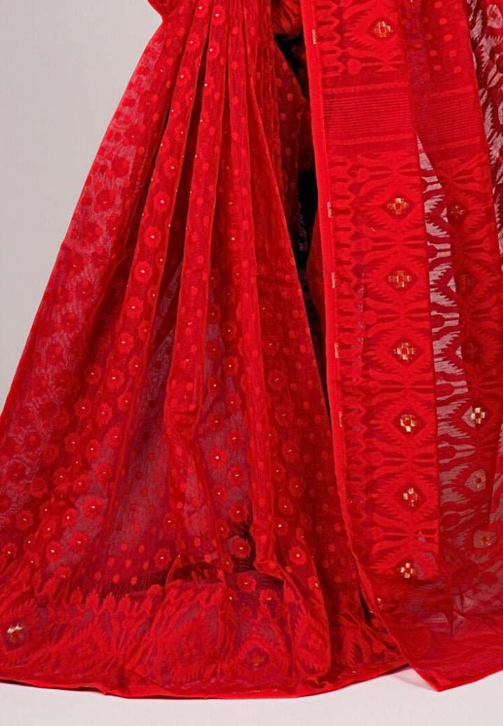 Blood-Red Jamdani-Like Cotton-Blend Bengal Saree – Yeshan Sarees
