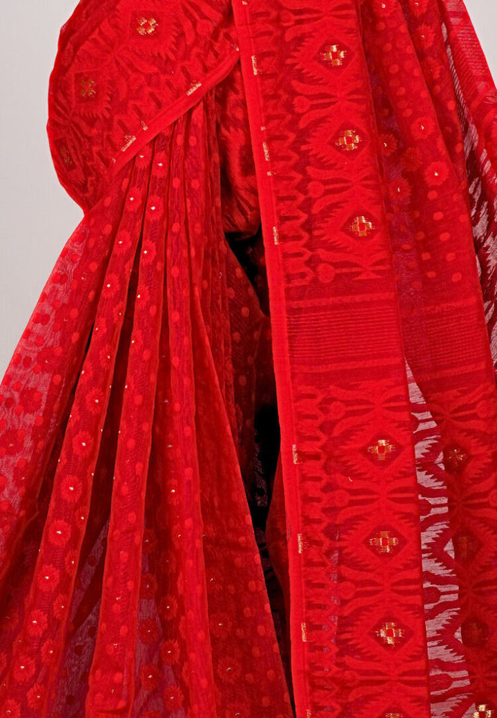 Blood-Red Jamdani-Like Cotton-Blend Bengal Saree – Yeshan Sarees